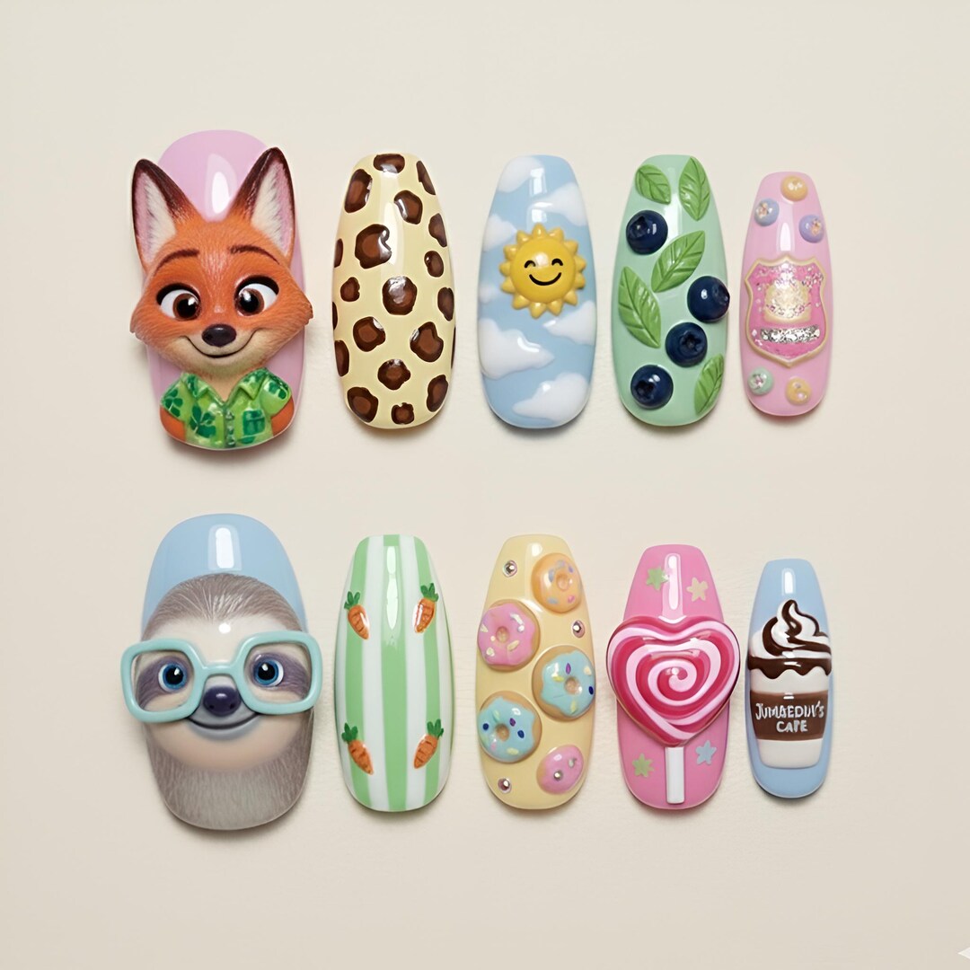 Handmade Zootopia Press-on Nails - Detailed Fox Sloth Donut Blueberry ...