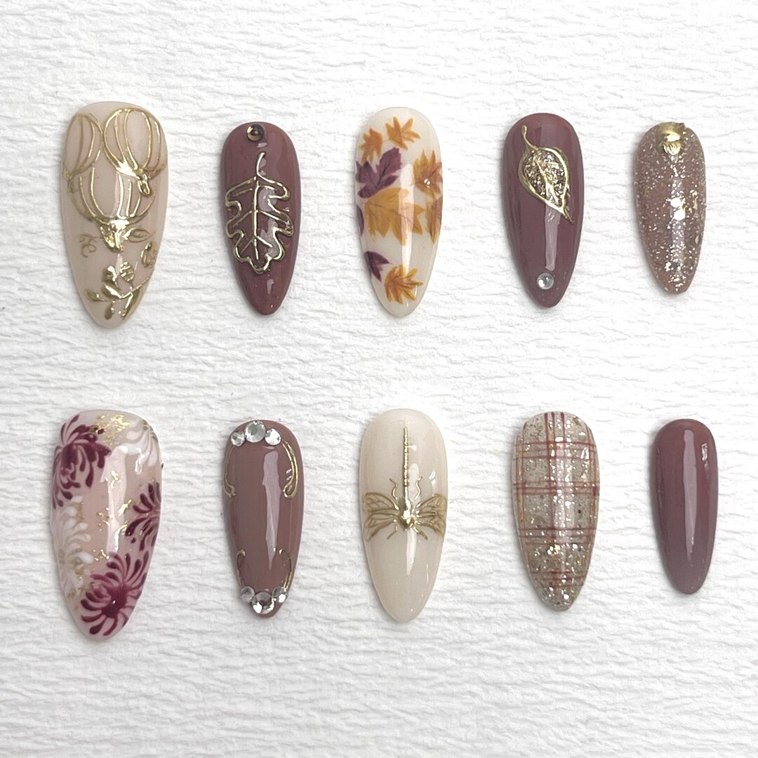 Elegant Fall Press on Nails, Gold Leaf & Dragonfly Accent, Glitter ...