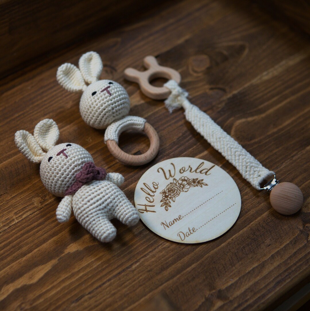 Personalized Crochet Wooden Rabbit Baby Rattle | New Baby Gift ...