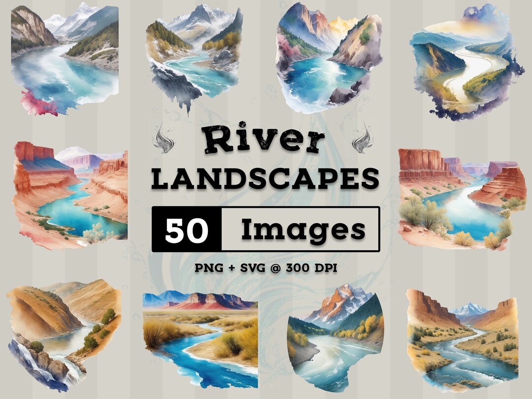 50 River Landscape Clipart, Watercolor Clipart, PNG & SVG, Bundle ...
