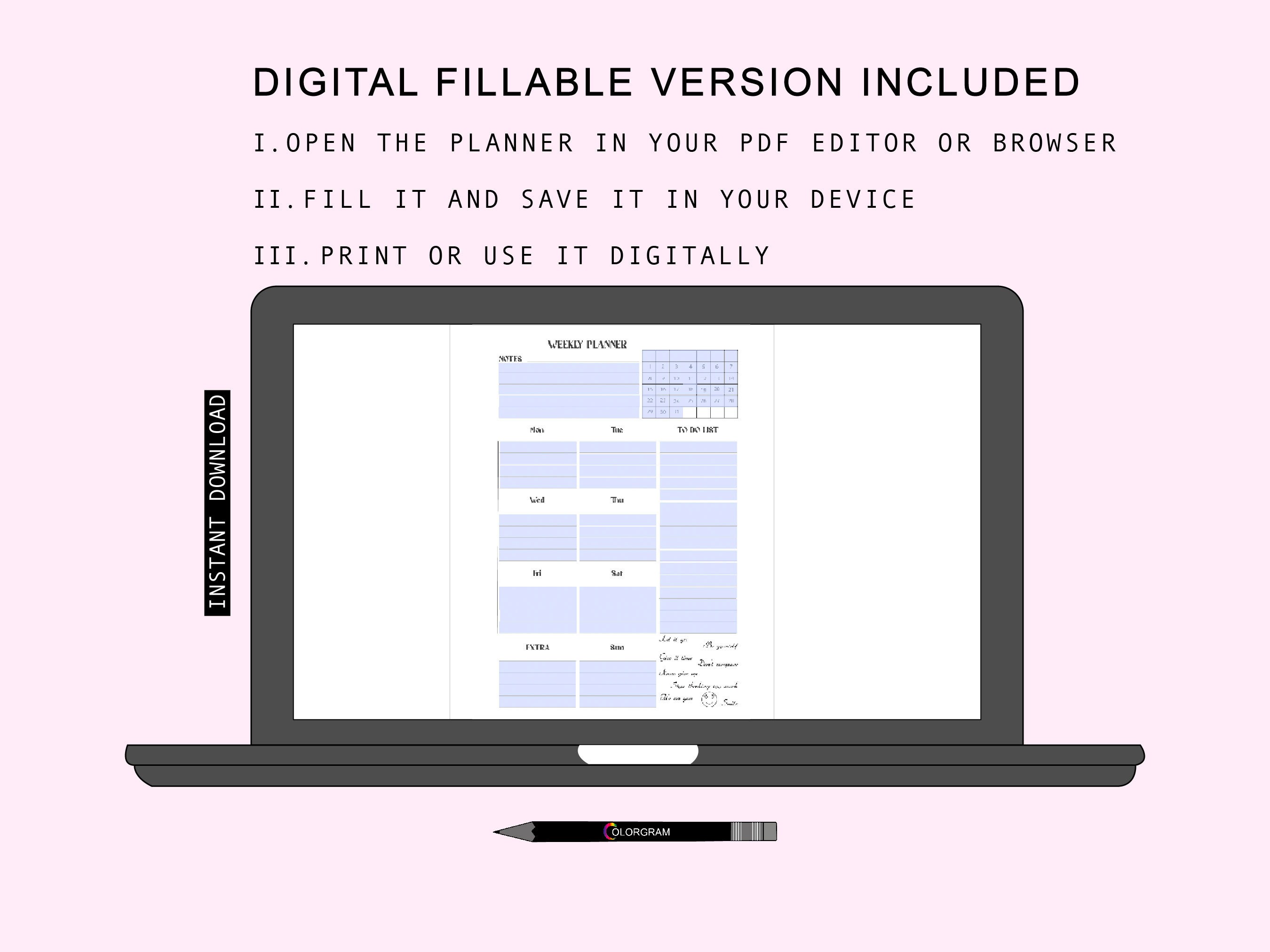Weekly Planner Printable Digital Fillable Planner Undated - Etsy