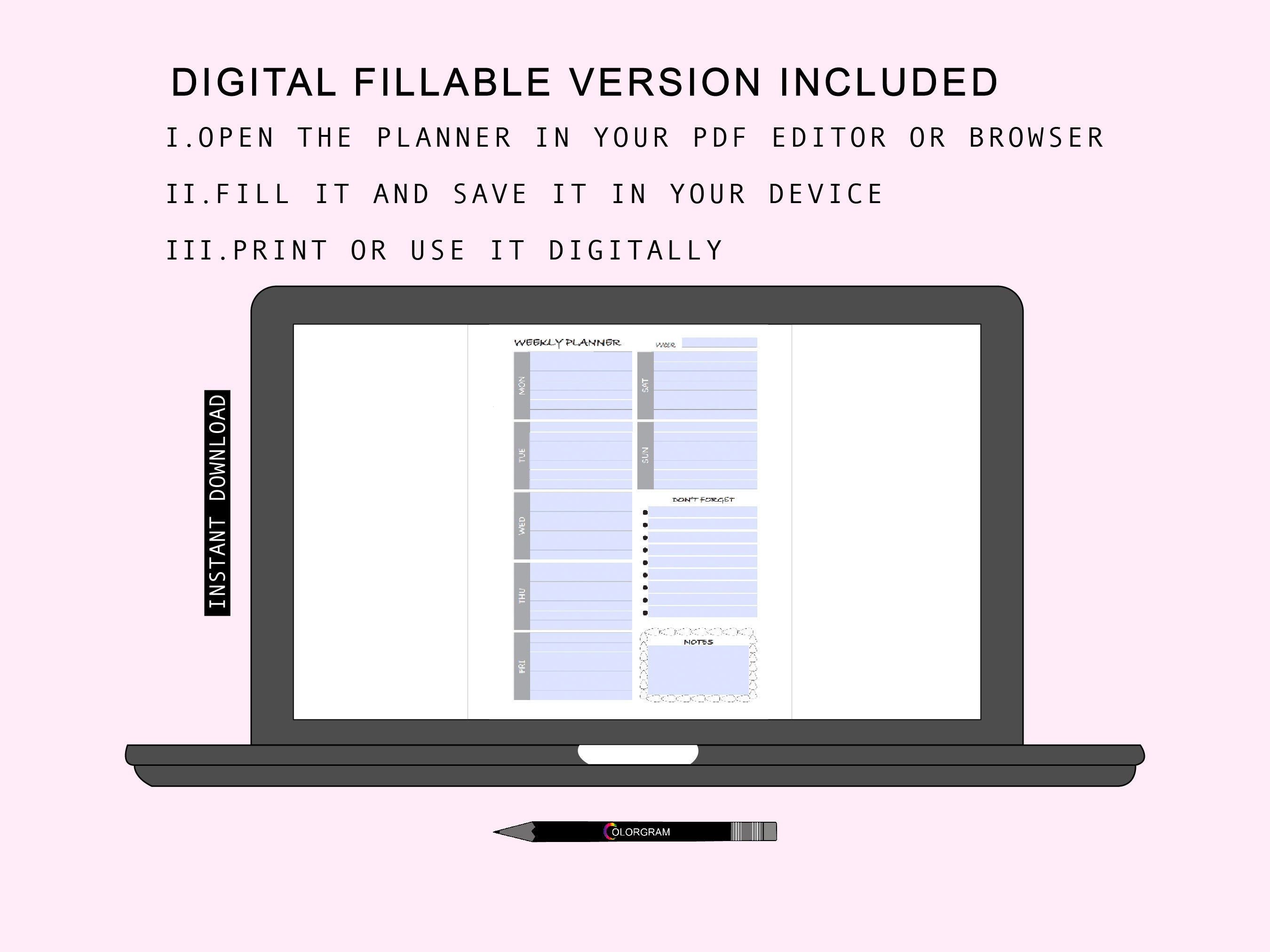 Weekly Planner Printable Digital Fillable Planner Undated - Etsy