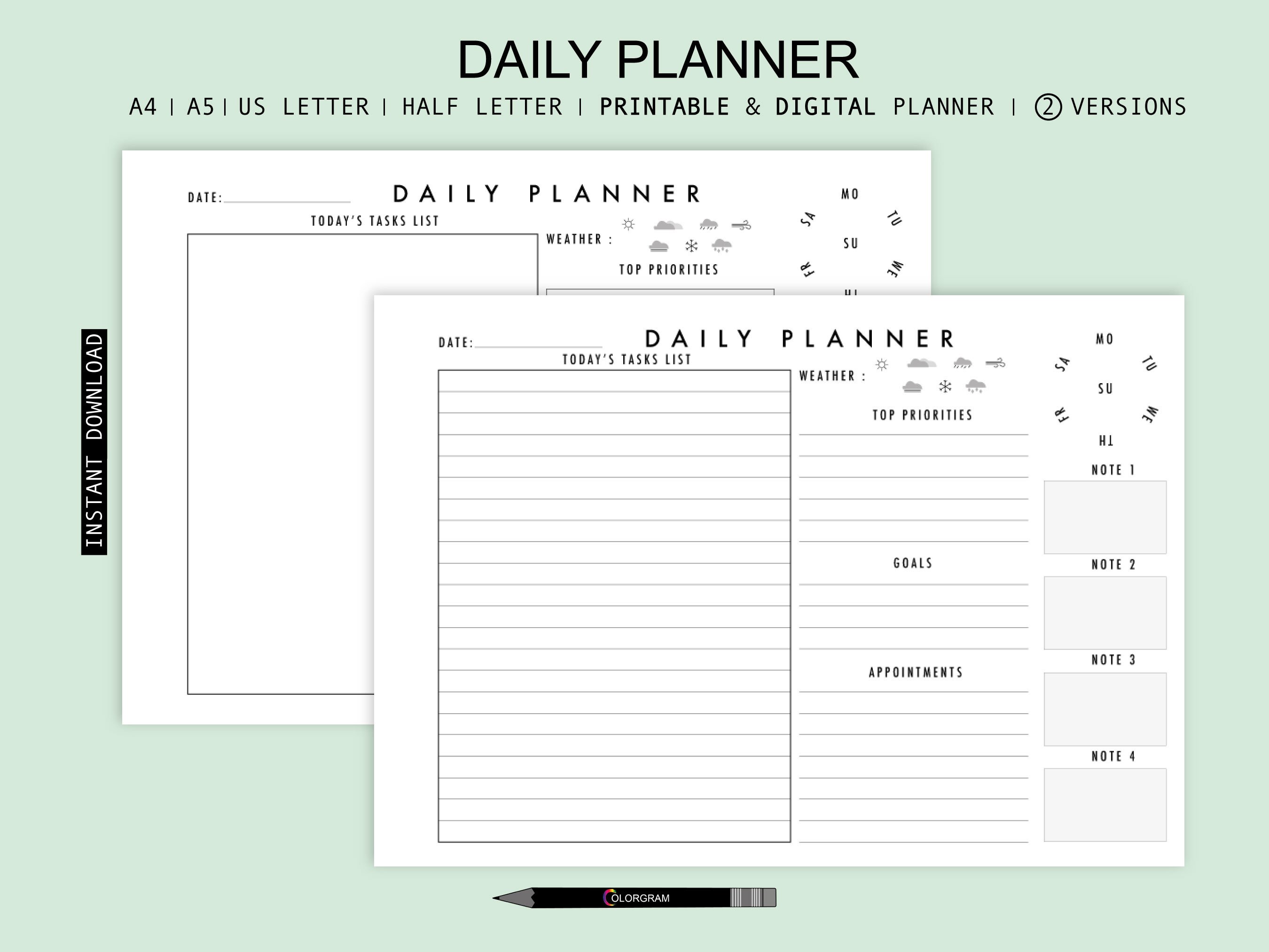 Daily Planner Printable Digital Fillable Planner A4 Daily - Etsy
