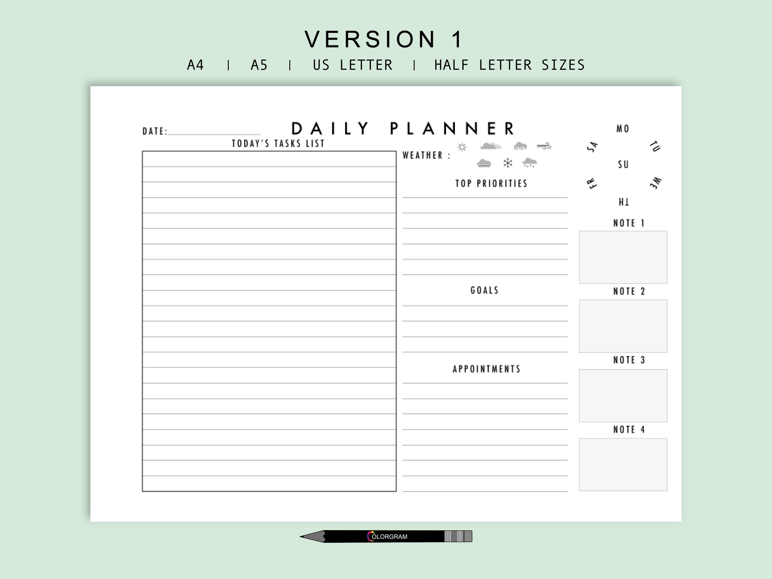Daily Planner Printable Digital Fillable Planner A4 Daily - Etsy