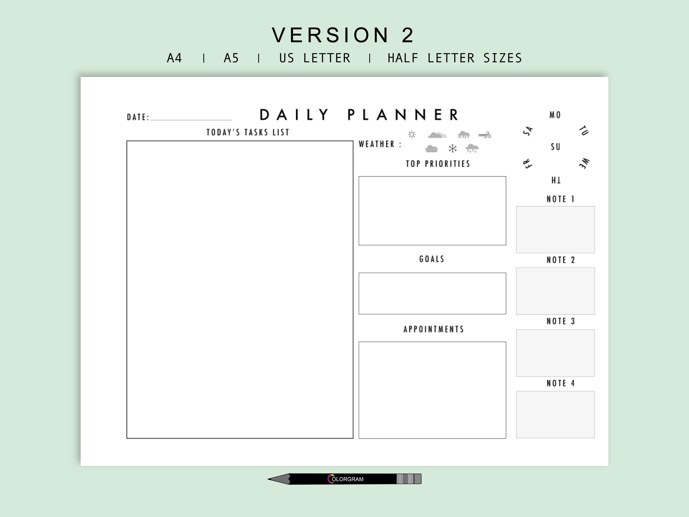 Daily Planner Printable Digital Fillable Planner A4 Daily - Etsy
