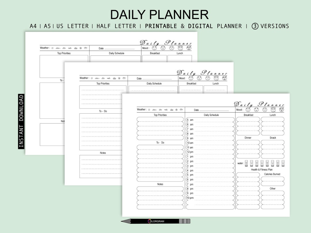 Daily Planner Printable, Digital Fillable Agenda, A4/A5/US Letter/half ...