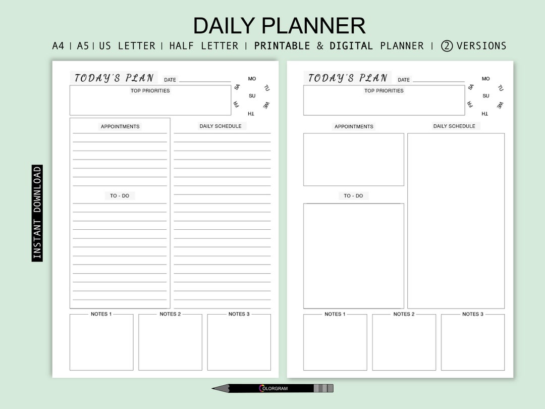 Daily Planner Printable, Digital Fillable Planner (A4), Daily to Do ...
