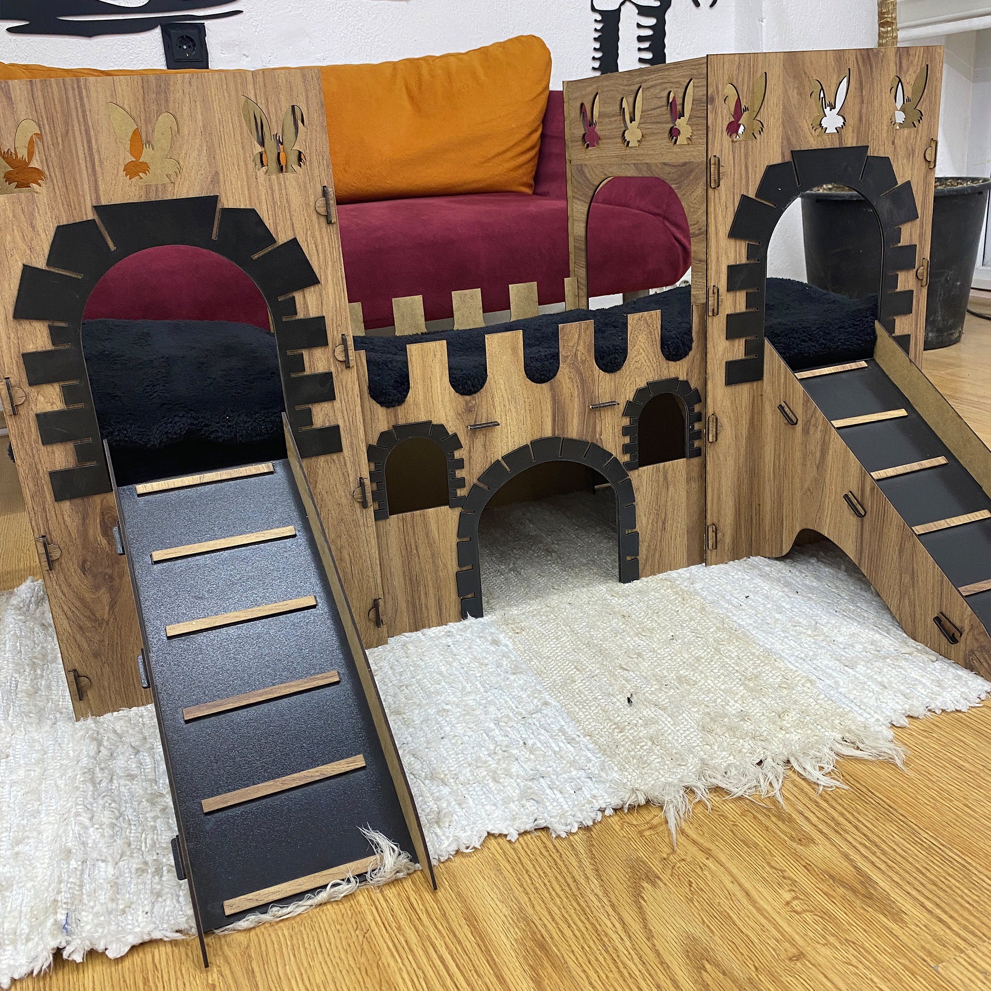 Duplex Wooden Rabbit Castle: Modern Bunny House With Ramp & Terrace ...