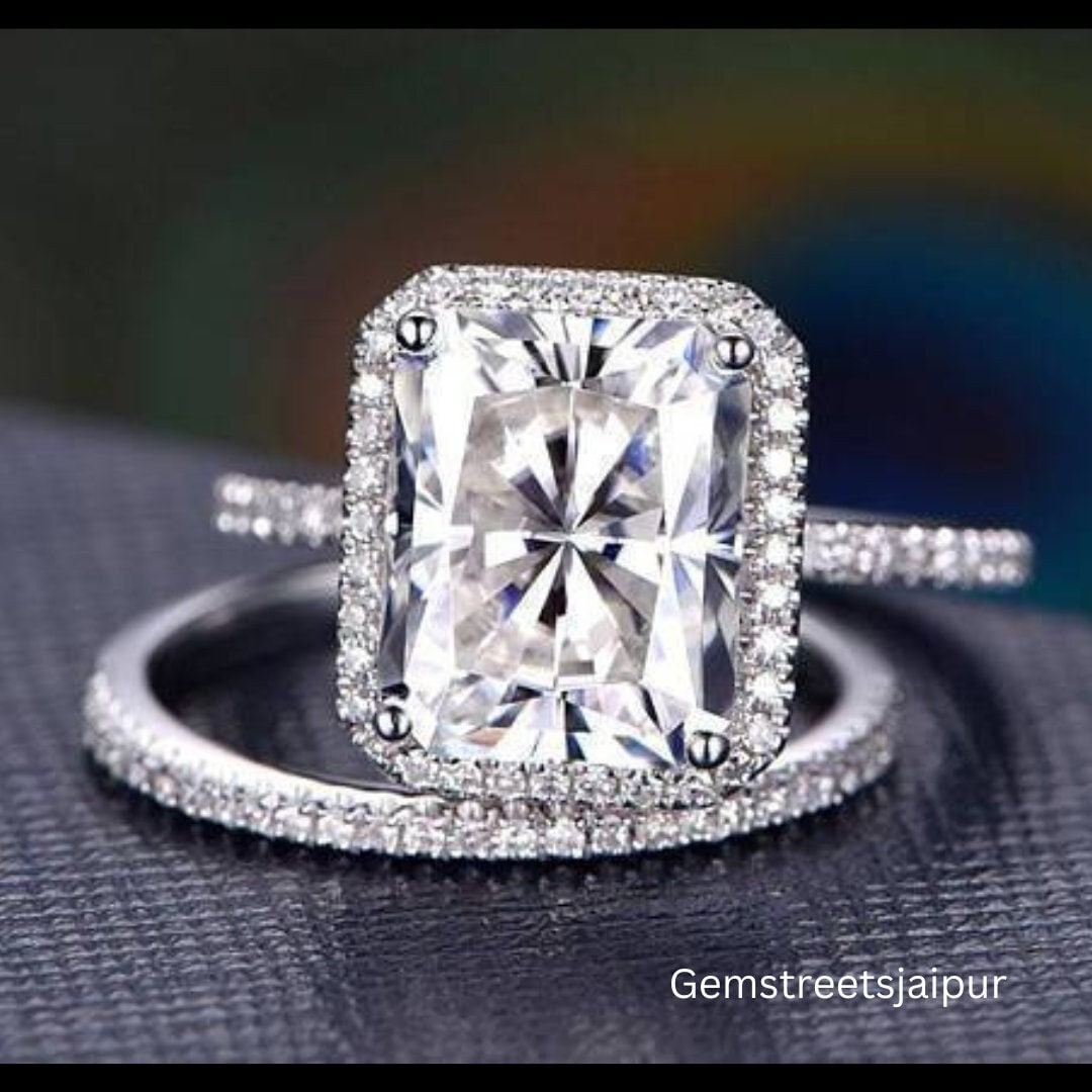 Radiant Cut Halo Moissanite Engagement Ring Set / Sterling Silver Bridal Ring Set / Wedding Ring ...