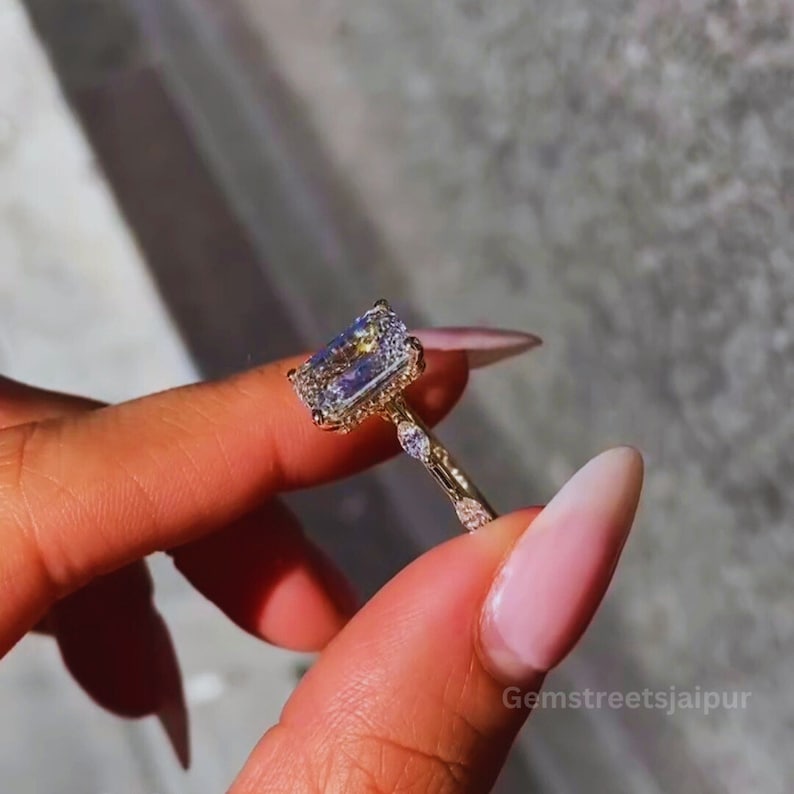 Emerald Cut Moissanite Engagement Ring, 14K Solid Gold, Side Marquise ...