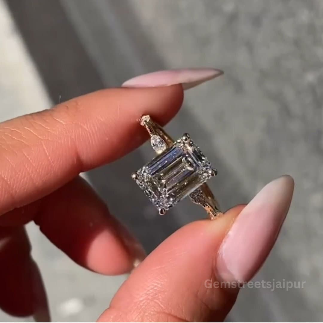 Emerald Cut Moissanite Engagement Ring, 14K Solid Gold, Side Marquise ...