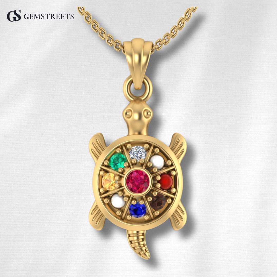 Natural Round Navaratna Tortoise Pendant in 925 Silver With Chain. 9 ...