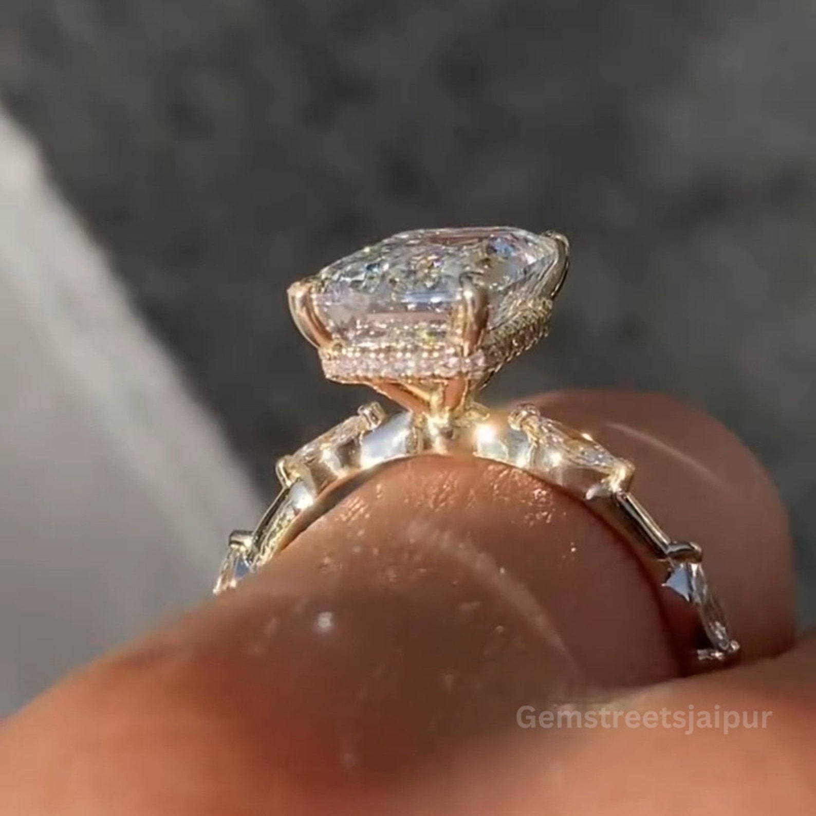 Emerald Cut Moissanite Engagement Ring, 14K Solid Gold, Side Marquise ...