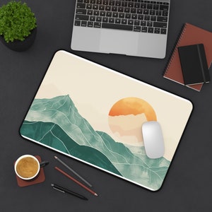 Mountain Landscape Desk Mat, Mouse Pad, Minimalist Line Art, Sage Green ...