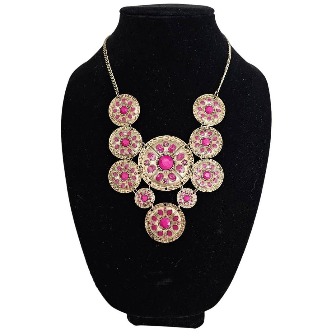 Vinatge Mid Century Medallion Bib Style Necklace Gold and Pink - Etsy