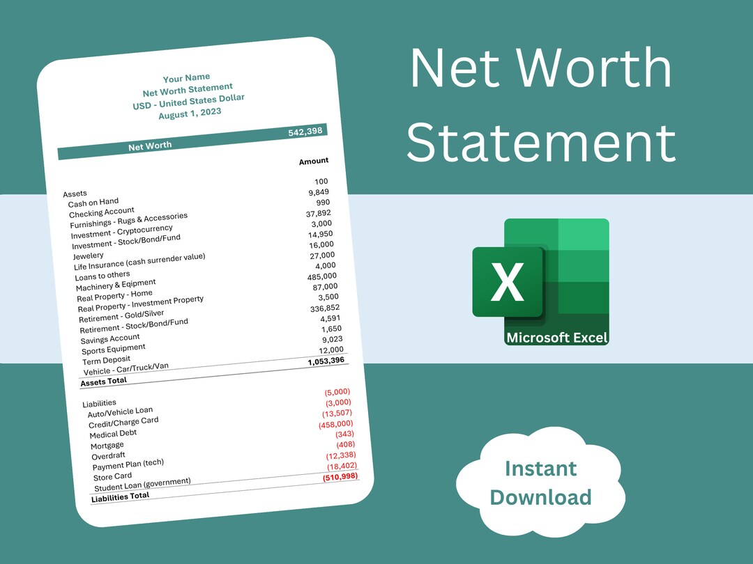 Net Worth Spreadsheet for Excel - Etsy