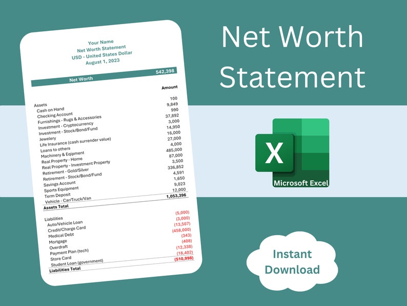 Net Worth Spreadsheet for Excel - Etsy