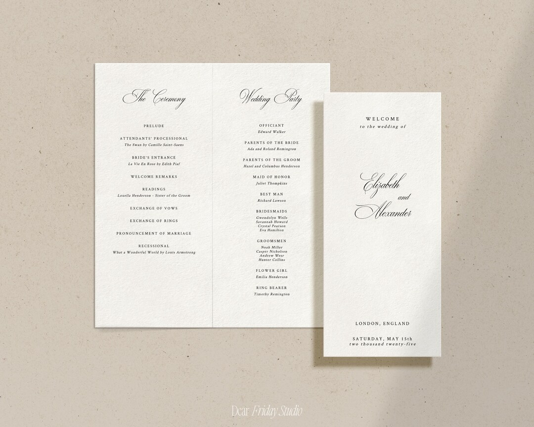 Classic Wedding Program Folded Template, Modern Vintage Chic Script ...