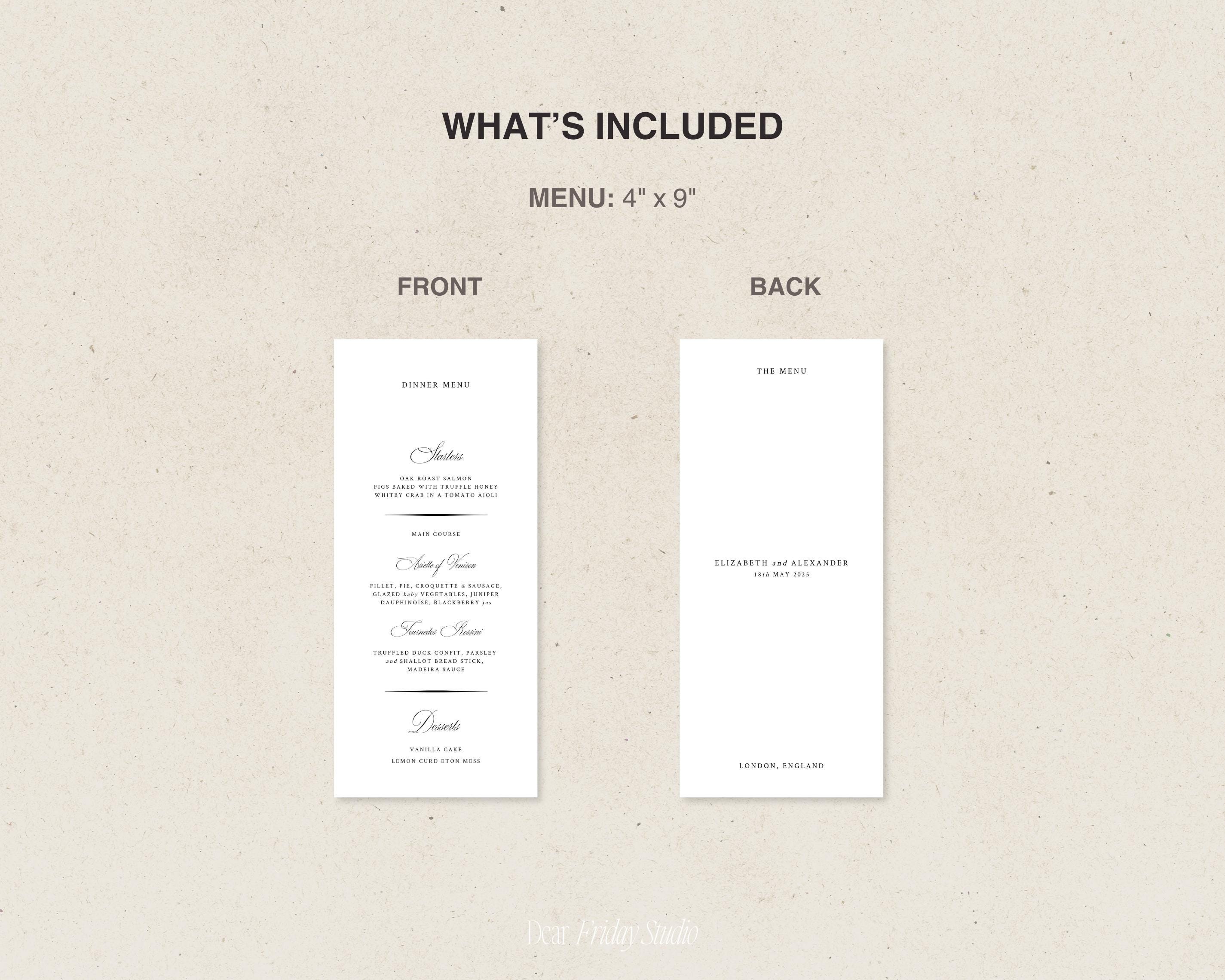 Classic Wedding Menu Template, Modern Vintage Chic Script Calligraphy ...