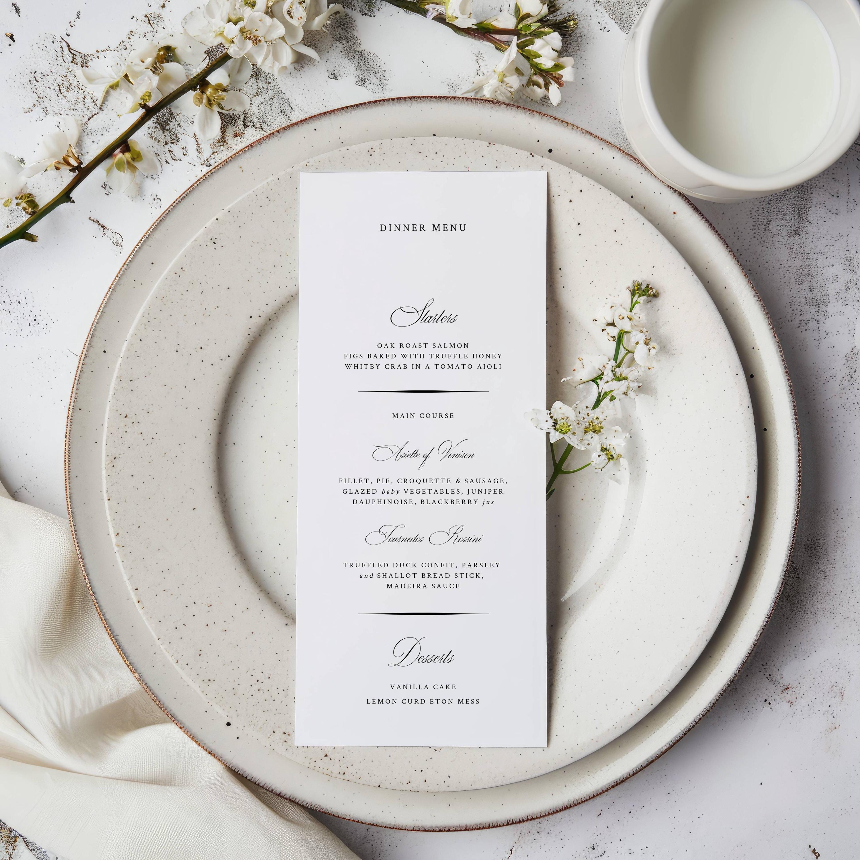 Classic Wedding Menu Template, Modern Vintage Chic Script Calligraphy ...