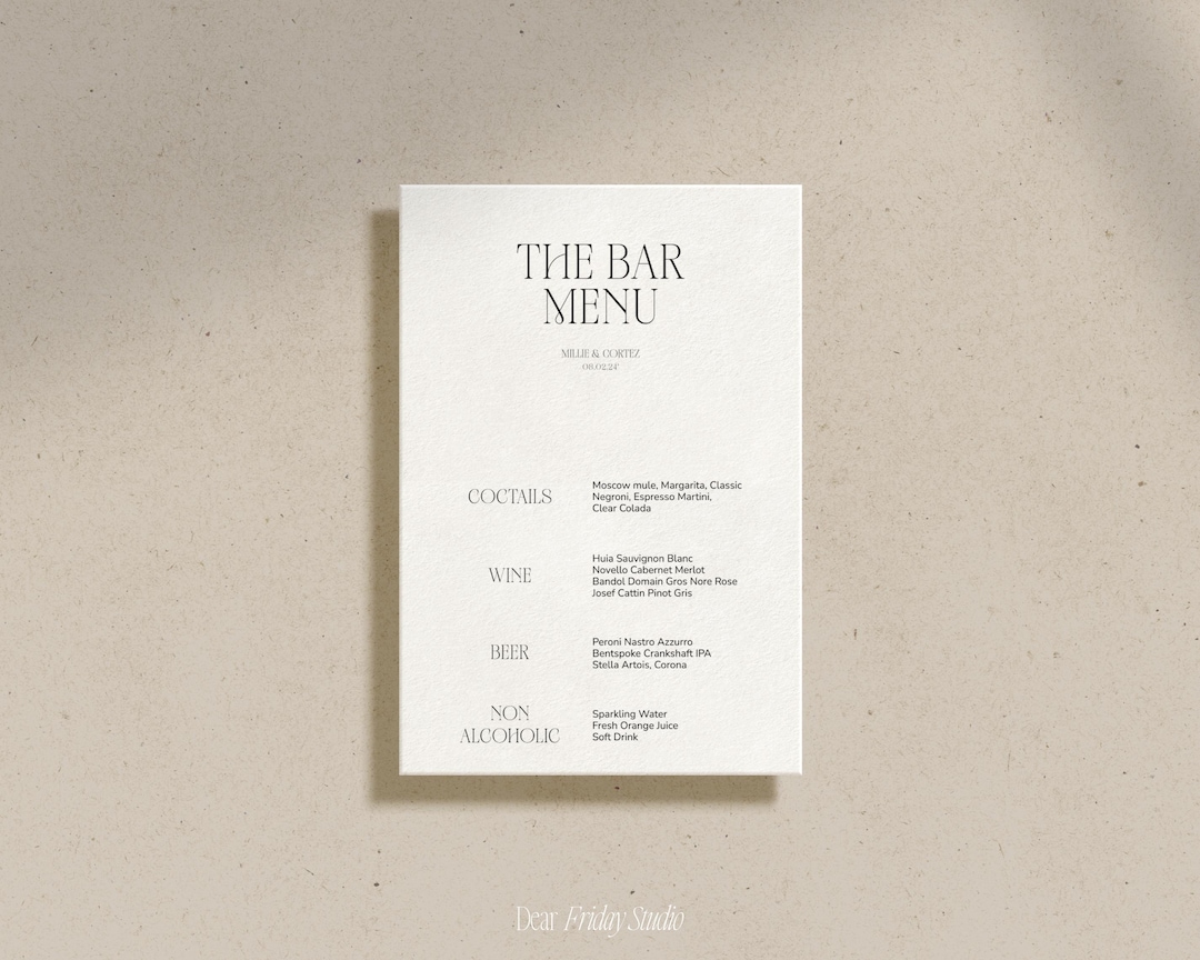 Minimalist Bar Menu Sign Wedding Template, Simple Classic Chic Modern ...