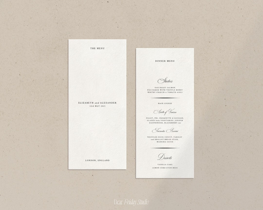 Classic Wedding Menu Template, Modern Vintage Chic Script Calligraphy ...