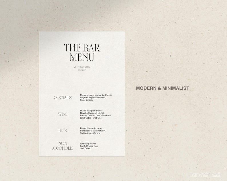 Minimalist Bar Menu Sign Wedding Template, Simple Classic Chic Modern ...
