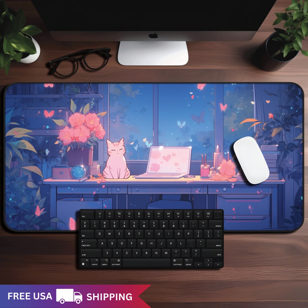 Cute Lo-fi Desk Mat, Japanese Art Mousepad, Kawaii Anime Cat, Vibrant ...