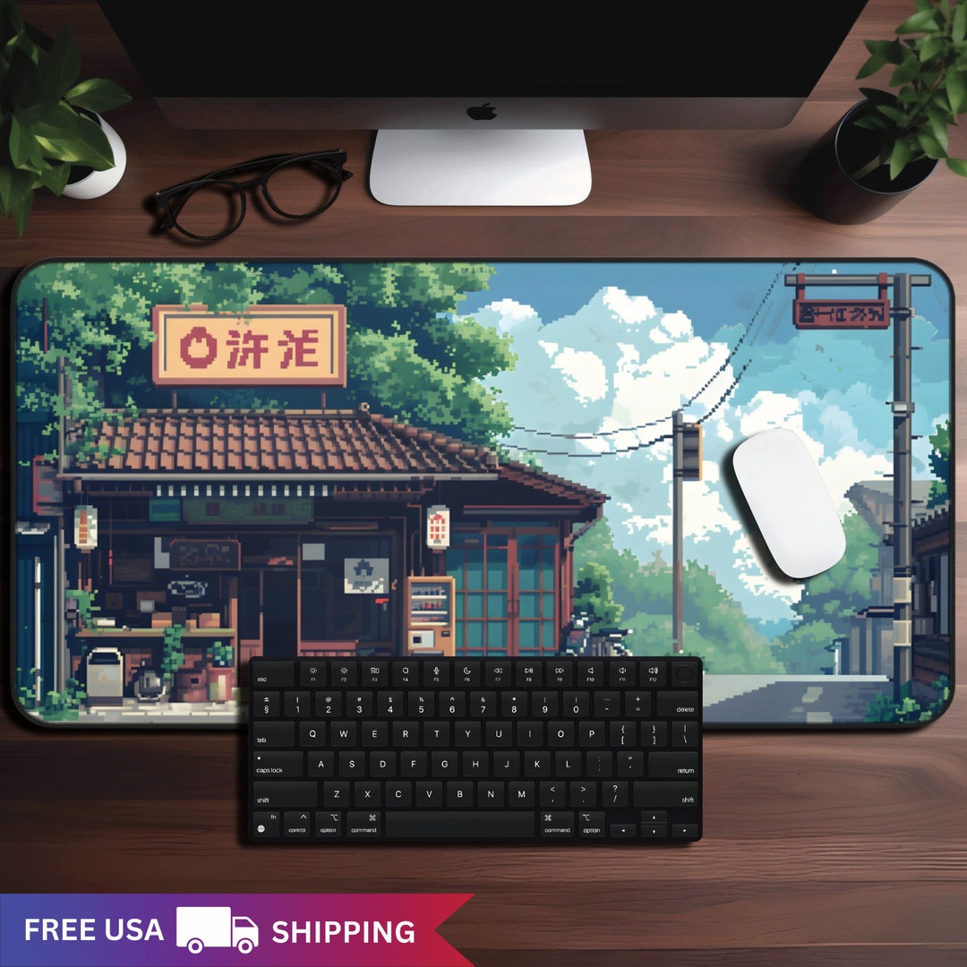 16-bit Pixel Art Japanese Desk Mat, Anime Aesthetic Mouse Pad Gift for ...