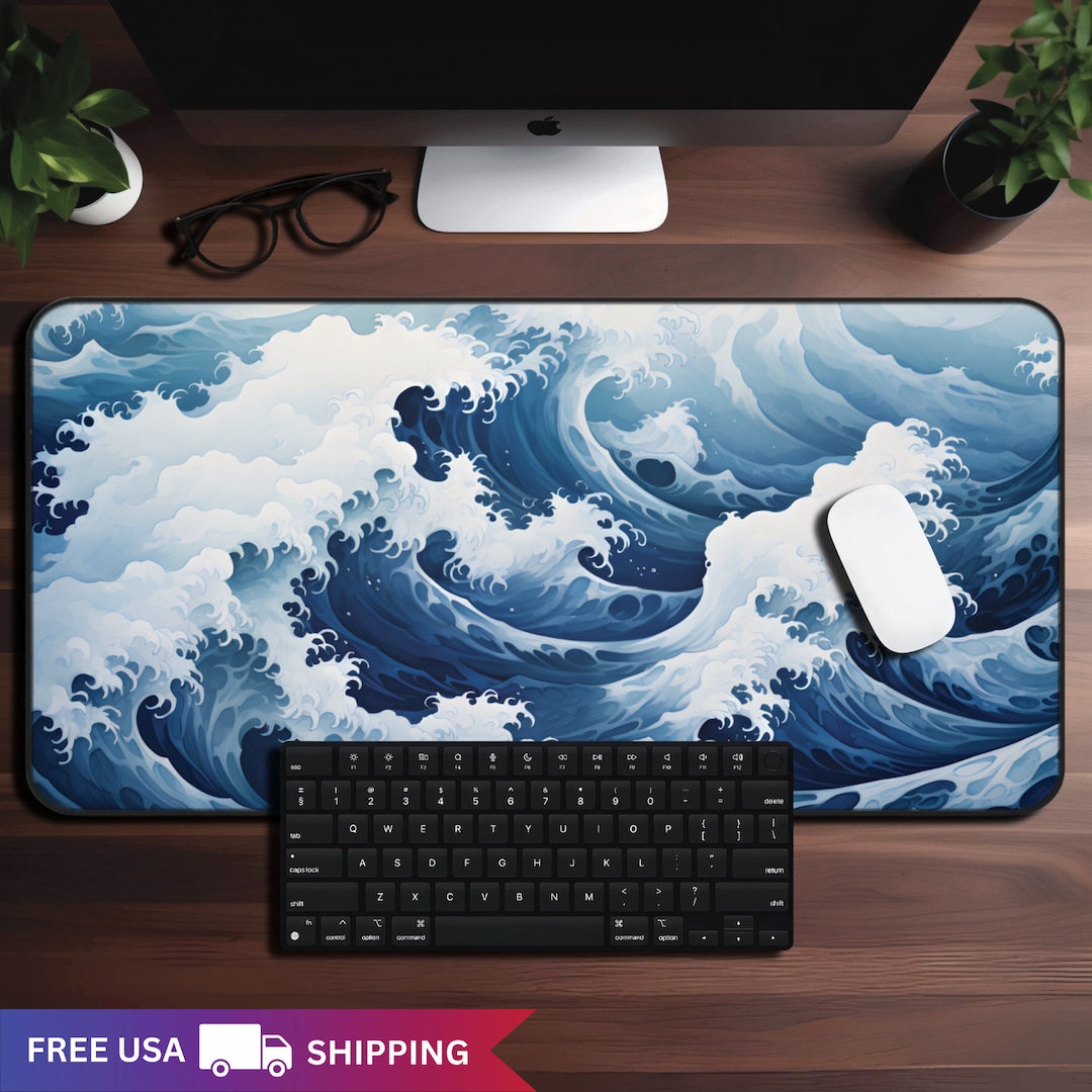 Ocean Wave Desk Mat, Beautiful Japanese Waves Premium Gaming Desk Pad ...