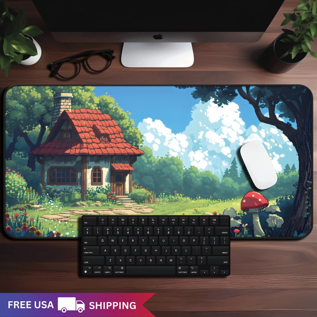 Pixel Art Aesthetic Desk Mat, Vibrant Fantasy Cottagecore Landscape ...