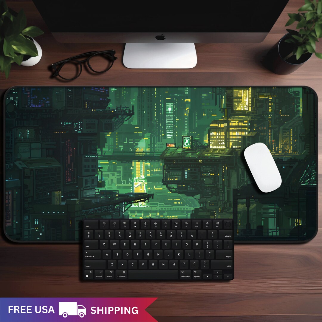 Green Cyberpunk Cityscape Mousepad, Pixel Art Sci-fi Desk Mat, Premium ...