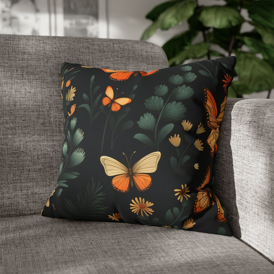 Boho Cottagecore Pillow Green Floral Accent Pillow Orange Butterflies ...
