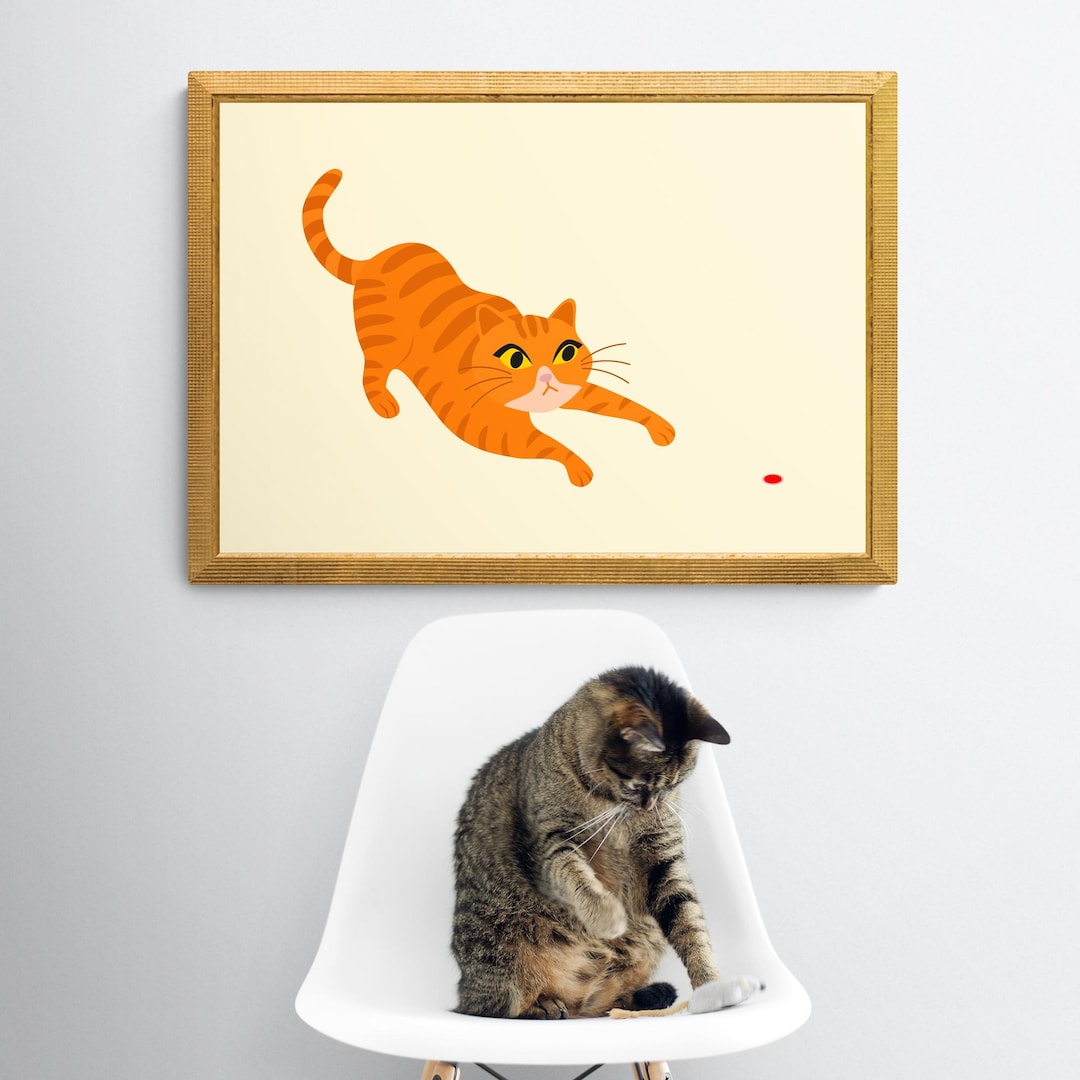 Orange Tabby Chasing Red Dot Wall Art Poster / Funny Cats Graphic Illustrations / 6 Aspect ...