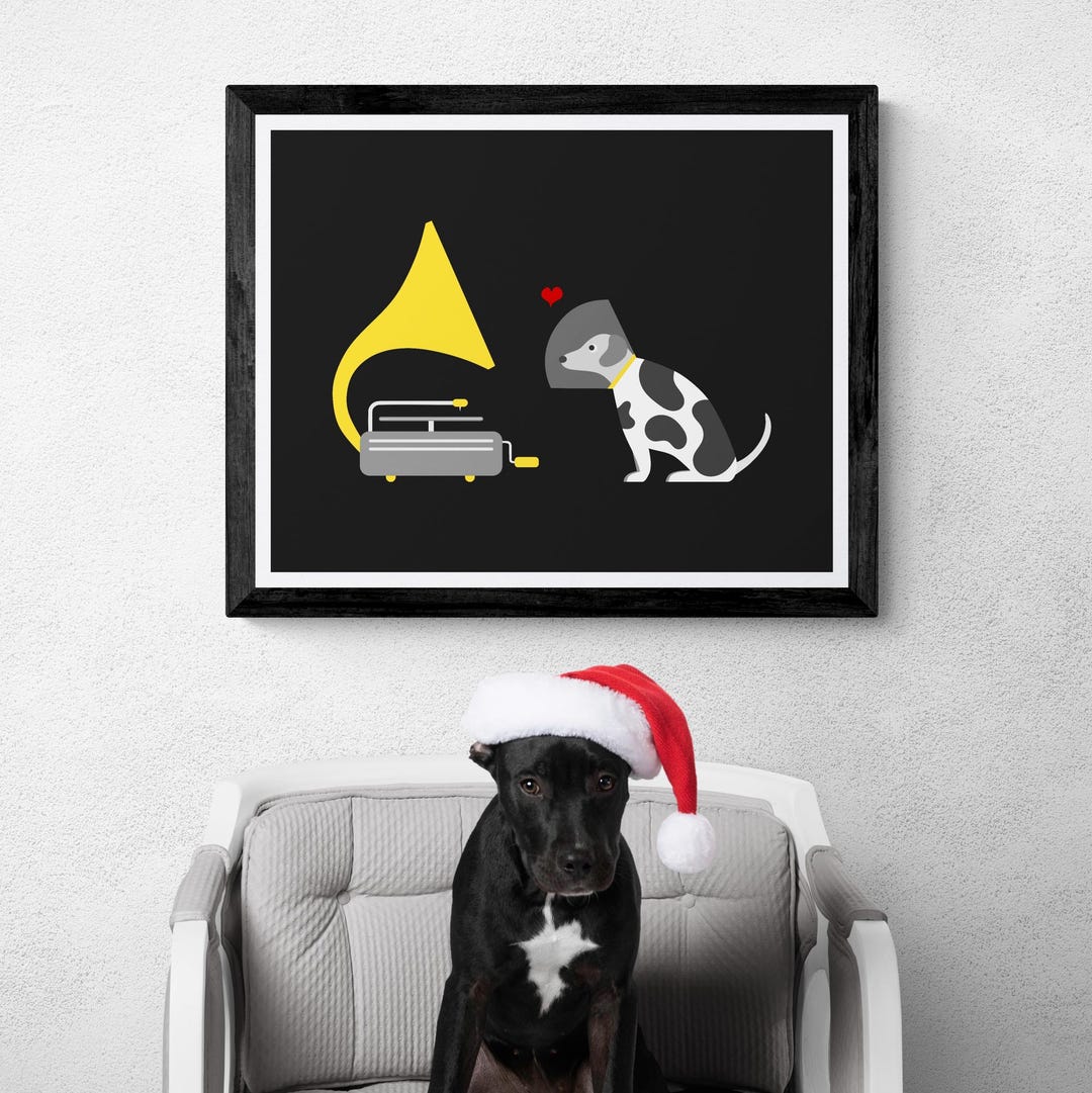 Black White Mutt in Love With Gramophone Wall Art Poster / Funny Dogs ...