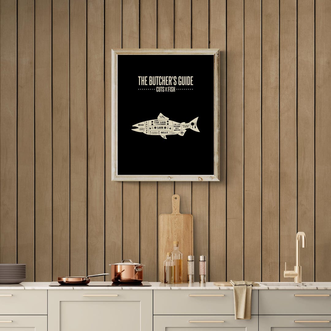 Butchers Guide Cuts of Fish Wall Art Poster / Cream & Black Fish ...