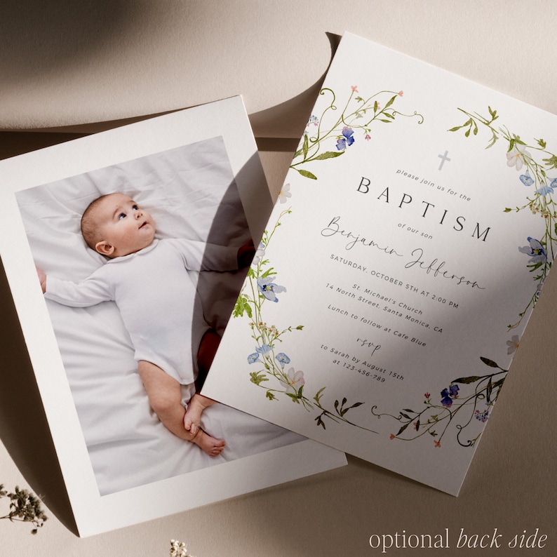 Blue Floral Baptism Invitation Template, Printable Wildflowers Baptism ...