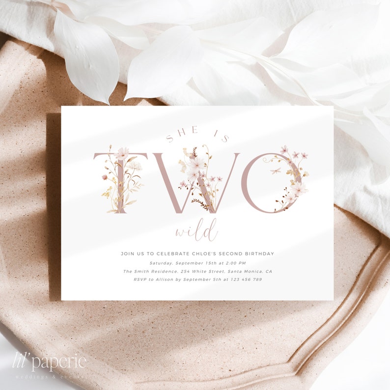 Two Wild Birthday Invitation Girl, Pink Wildflowers 2nd Birthday ...