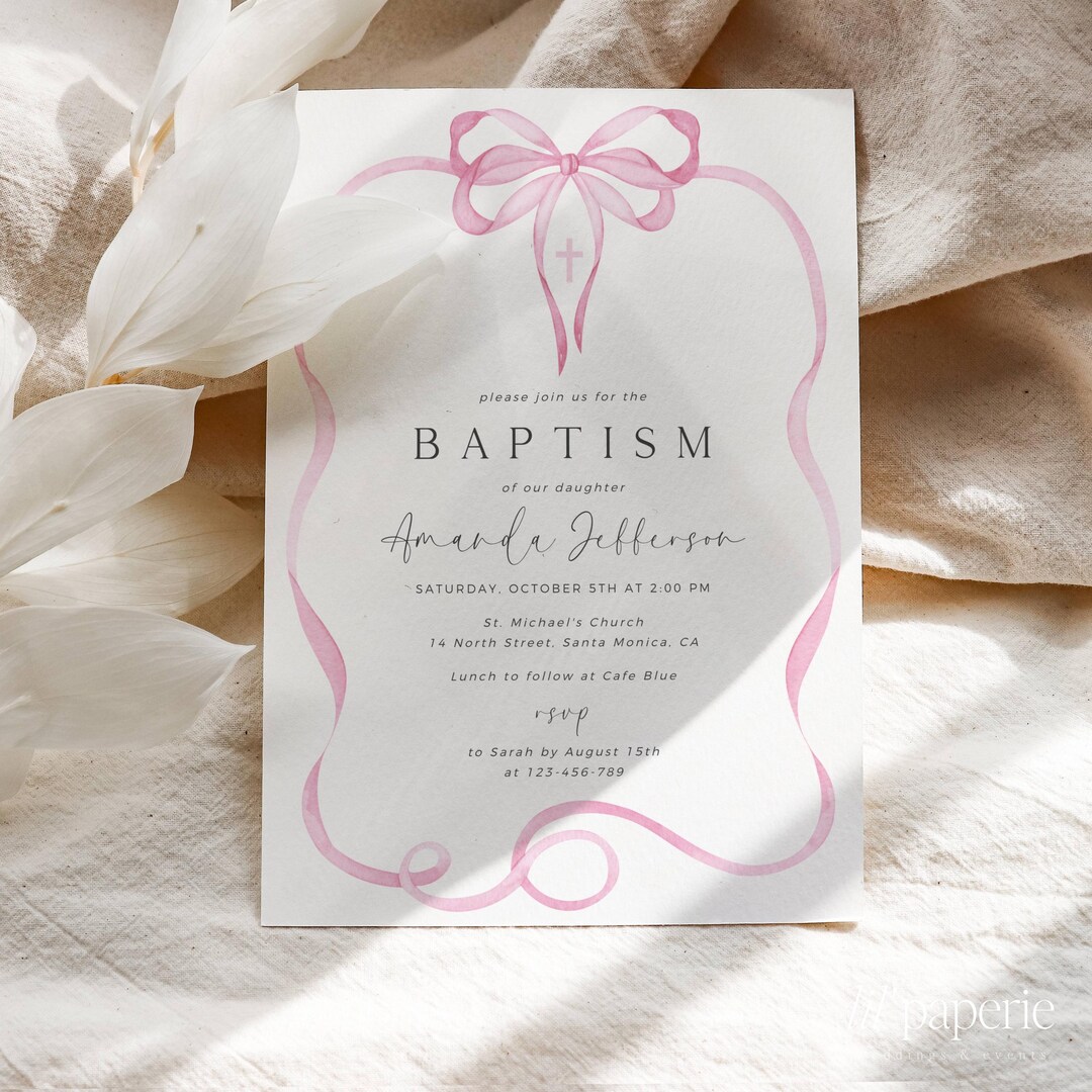 Soft Pink Bow Baptism Invitation Template, Printable Ribbon Baptism ...