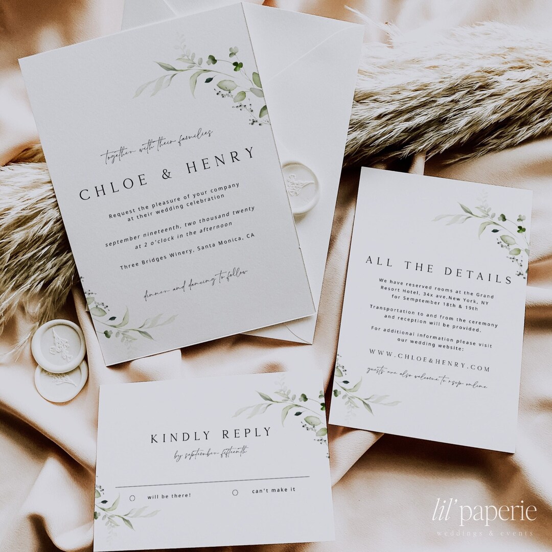 Minimal Greenery Wedding Invitation Set, Botanical Wedding Invitation ...