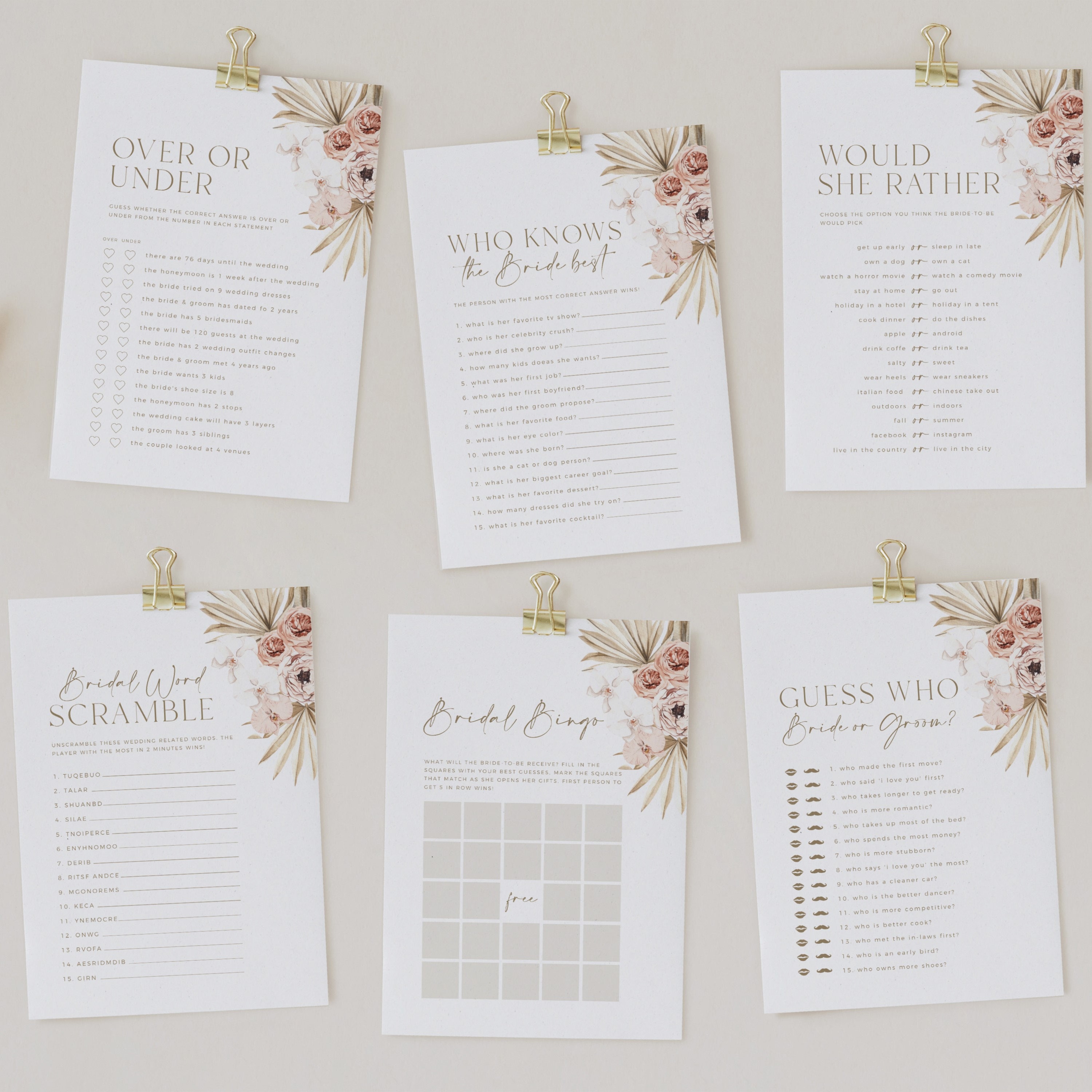 Boho Bridal Shower Games Bundle, Minimal Boho Floral Bridal Shower ...