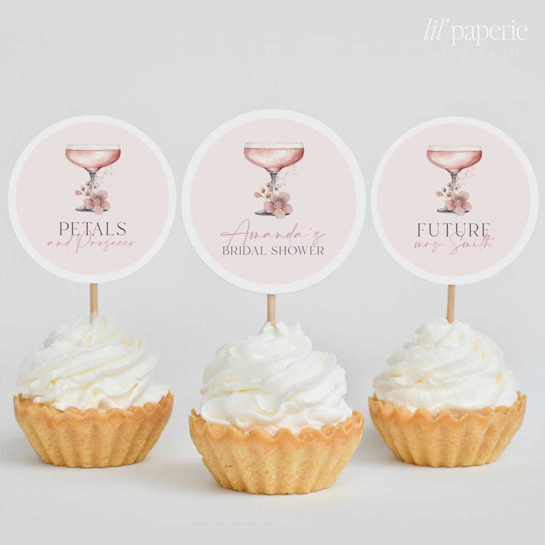 Pink Petals and Prosecco Cupcake Toppers Template, Pink Champagne ...