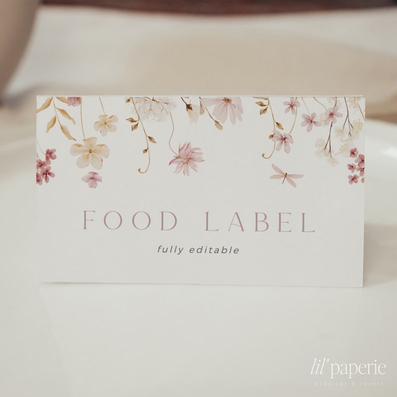 Pink Wildflower Food Labels Template, Pink Floral Buffet Card Template ...