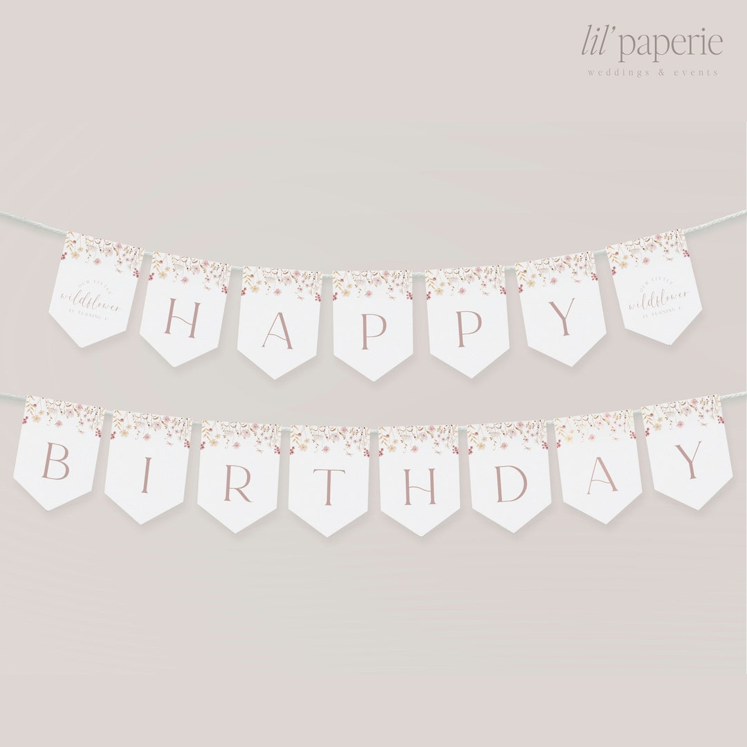 Pink Wildflower Happy Birthday Banner Template, Little Wildflower ...