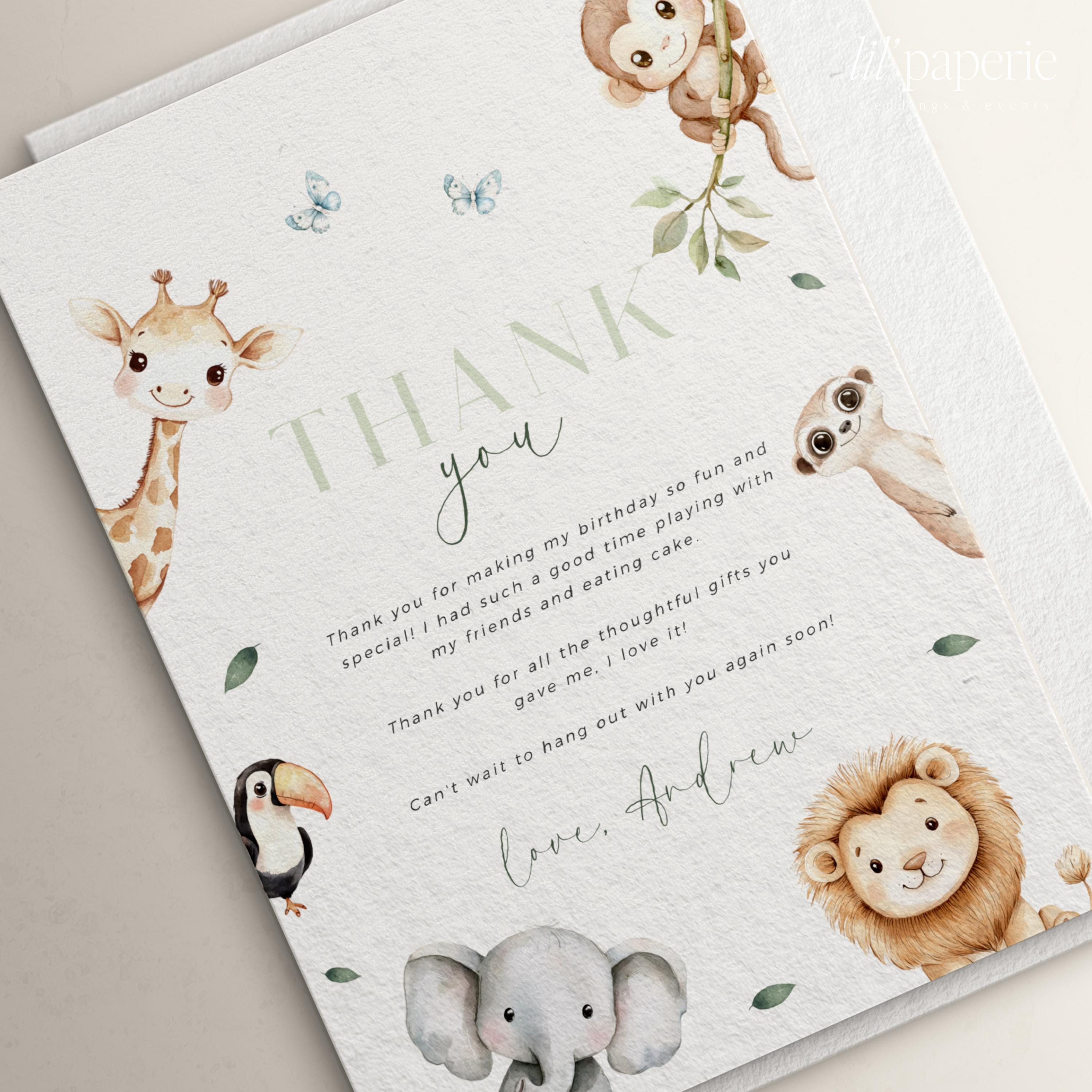Minimal Safari 1st Birthday Thank You Card Template, 1st Birthday Boy ...