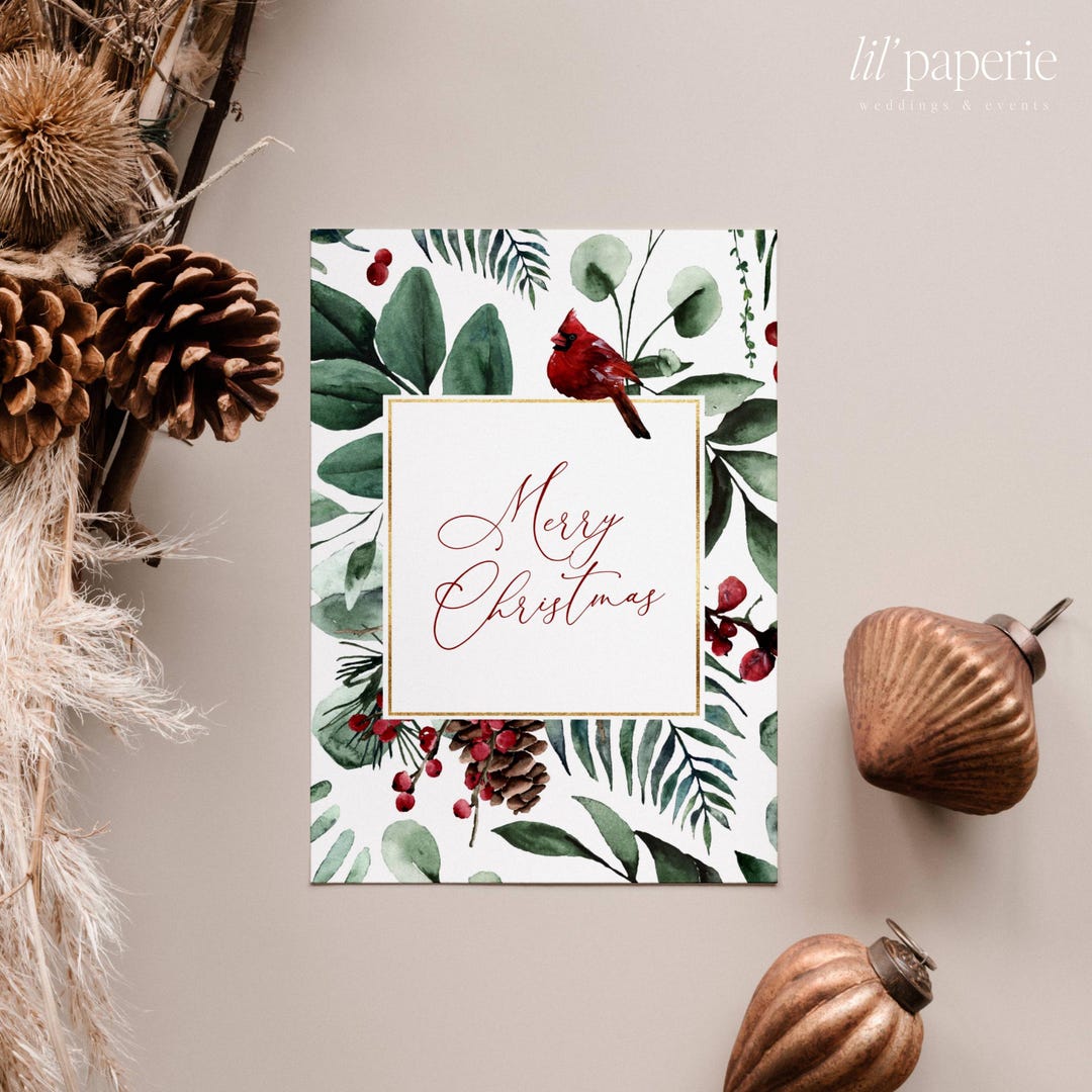 Merry Christmas Card Template, Printable Holiday Card, Elegant ...