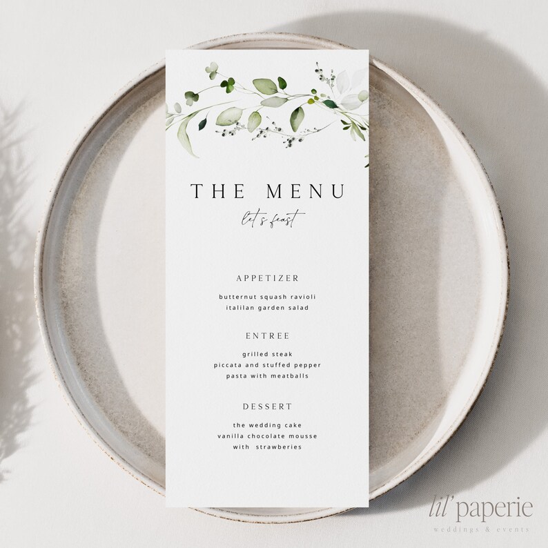 Minimal Greenery Wedding Menu Template Download, Printable Botanical ...