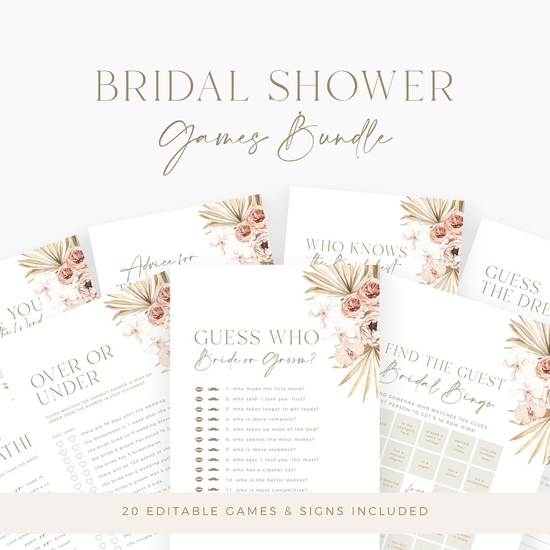 Boho Bridal Shower Games Bundle, Minimal Boho Floral Bridal Shower ...