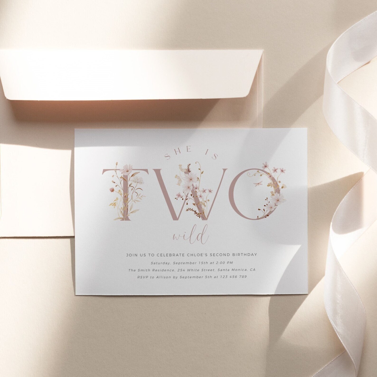Two Wild Birthday Invitation Girl, Pink Wildflowers 2nd Birthday ...