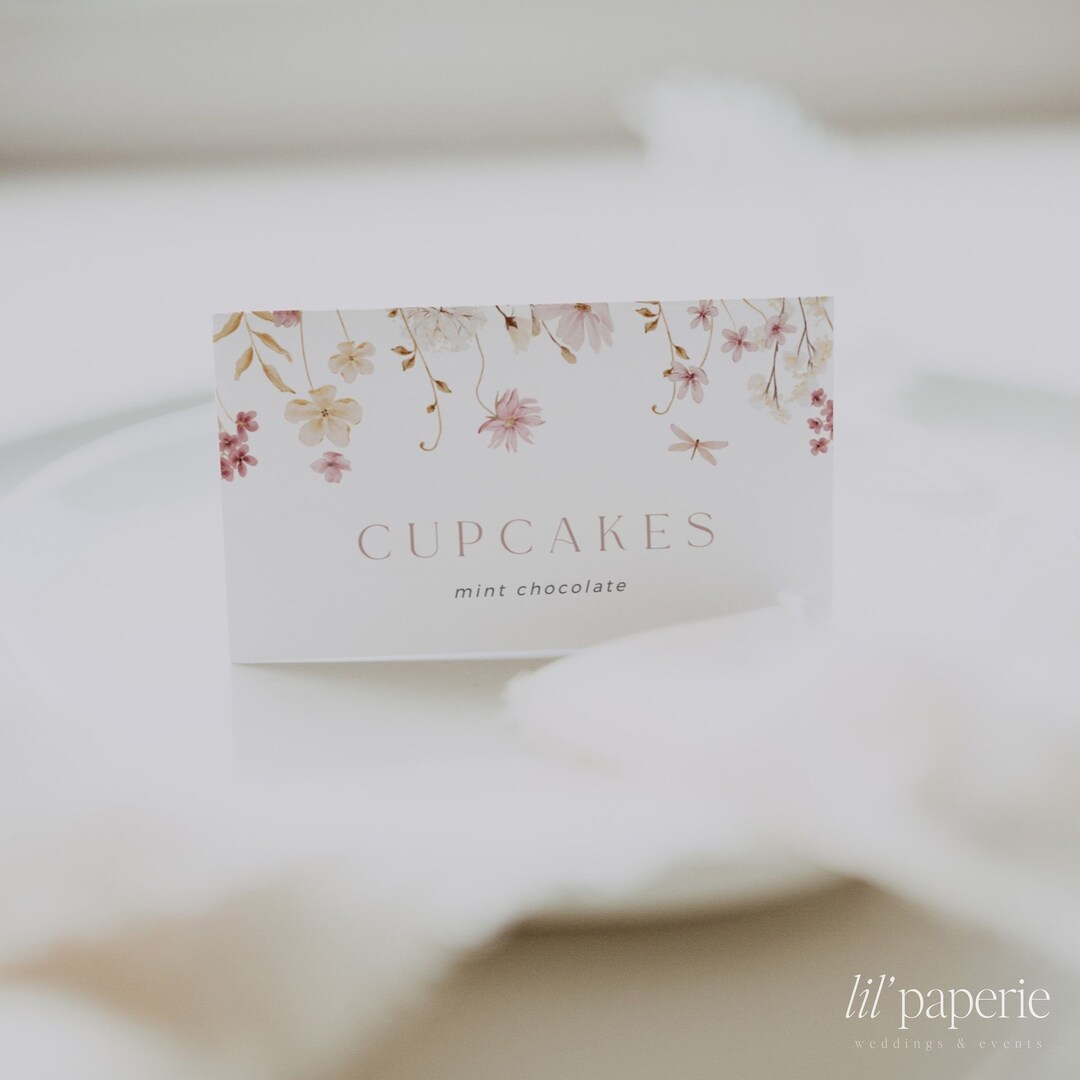 Pink Wildflower Food Labels Template, Pink Floral Buffet Card Template ...